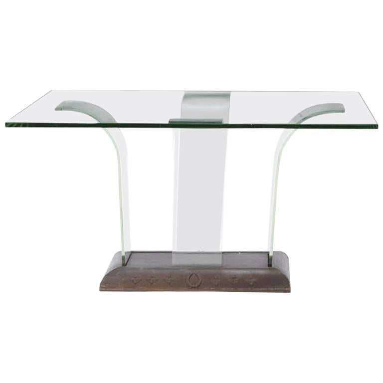 Contemporary Glass and Wood Centre Table For Sale at 1stDibs