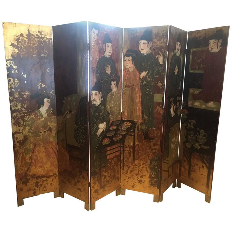 Striking Glamorous Six-Panel Asian Screen in Earth Tones at 1stDibs