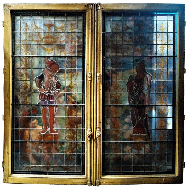 Renaissance Revival Stained Glass Framed Double Window, Paris, 19th ...