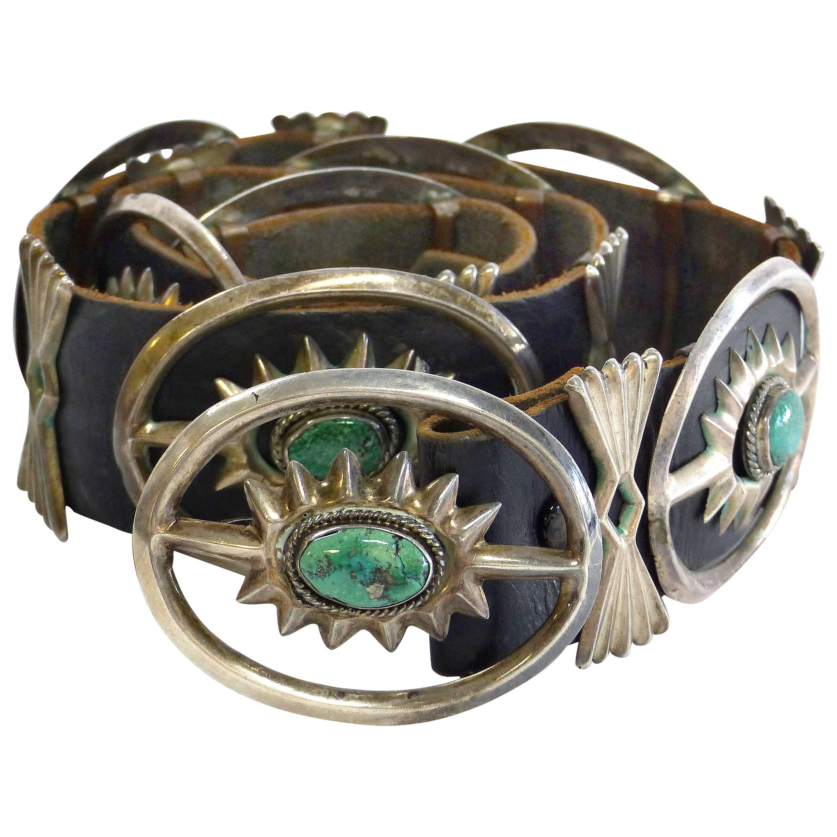 1930s Native American Indian Handmade Silver and Turquoise Concho Belt ...