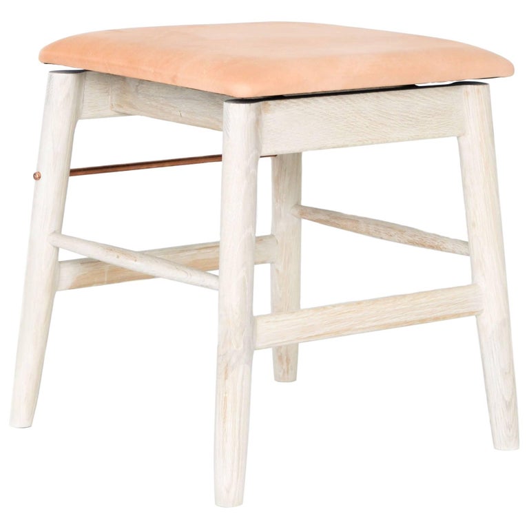 White Oak, Veg Tan and Copper Wood Low Stool For Sale at 1stDibs