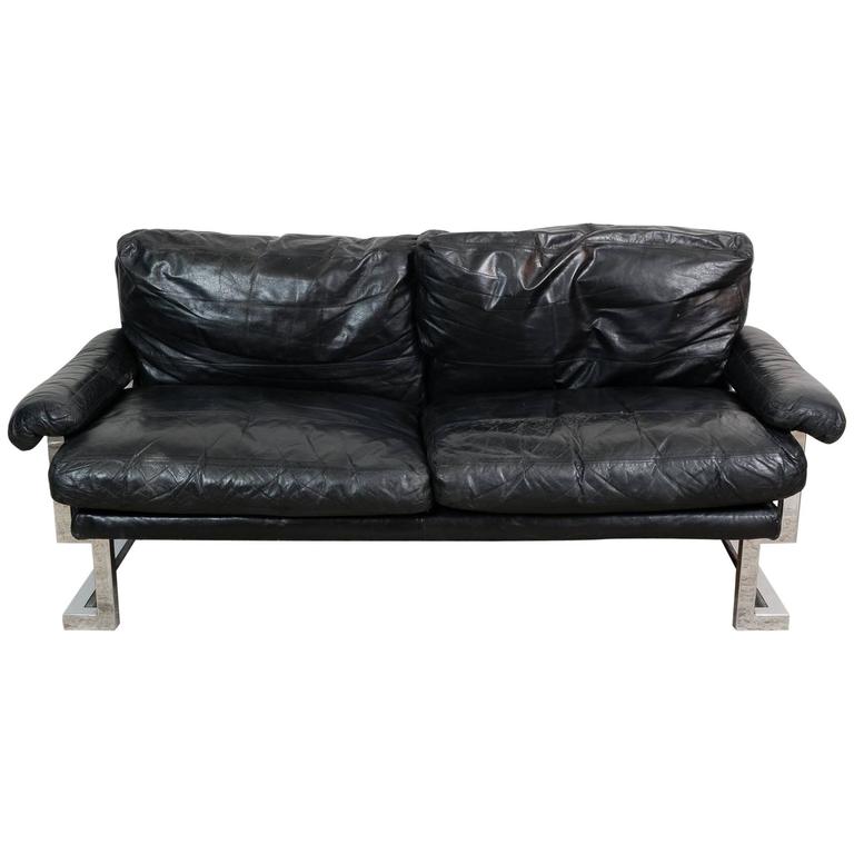 1970s Pieff Midcentury Mandarin Sofa in Chrome and Black Leather by Ted ...