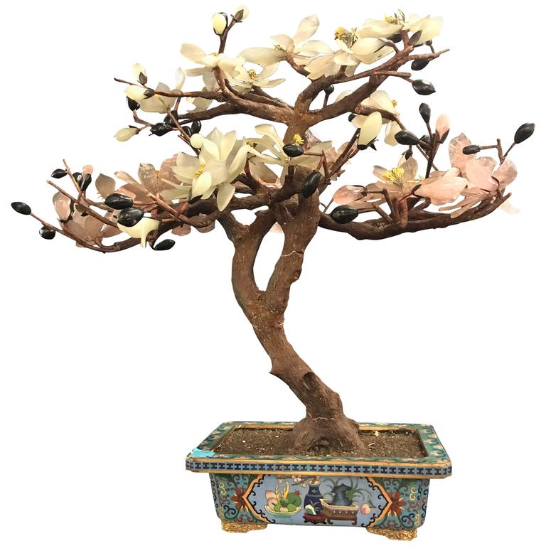 One Large Chinese Hardstone Tree in Chinoiserie Planter at 1stDibs