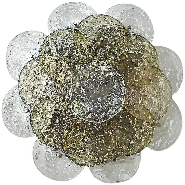 Large Mazzega Murano Textured Glass Disc Flush Mount Chandelier, Carlo ...