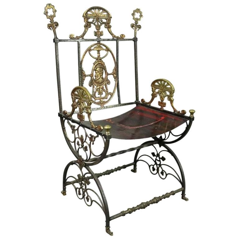 Antique Neoclassical Roman Wrought Iron and Bronze Throne or Curule ...