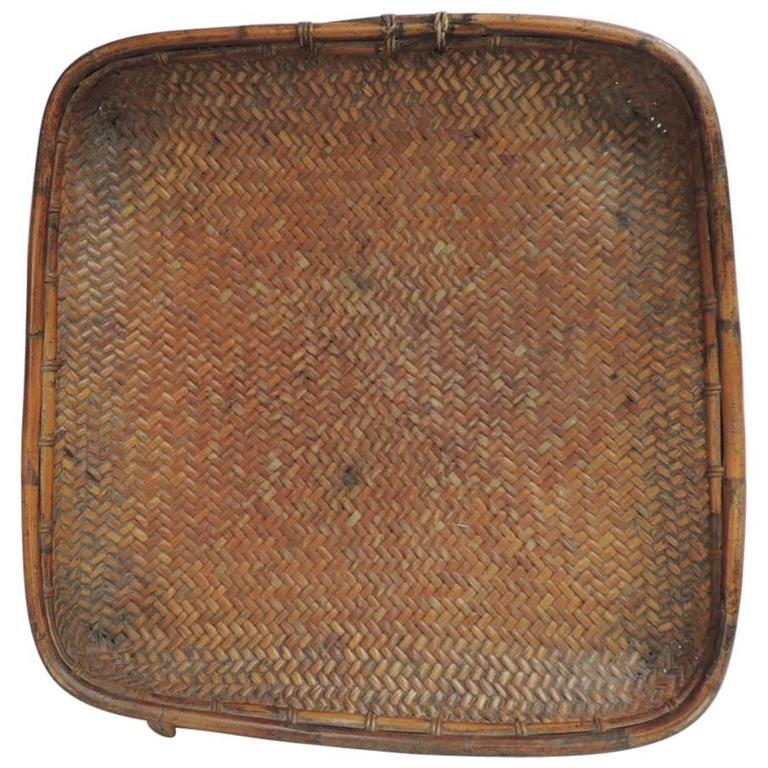 Vintage Large Square Indonesian Flat Fruit Basket with Bamboo Trim at ...