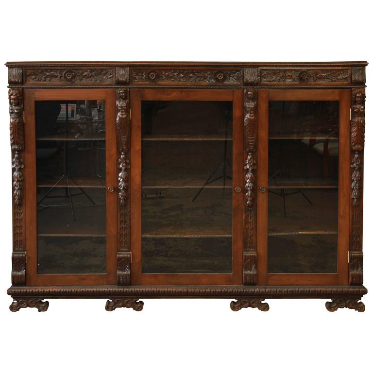 Antique Ornate Carved French Victorian Triple Bookcase For Sale at 1stdibs