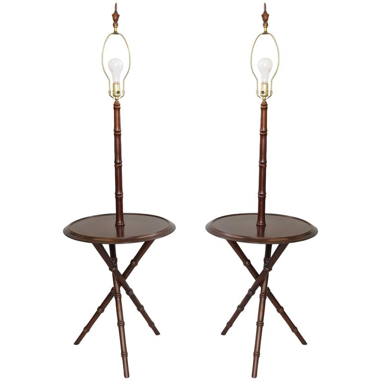 Pair of Chinese Chippendale Faux Bamboo Wood Tripod Floor Lamp Round ...