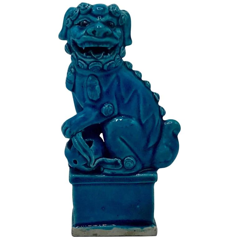1960s Small Blue Glazed Ceramic Foo Dog Statue at 1stDibs