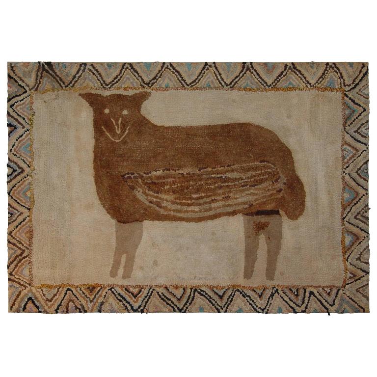 Hooked Rug of a Sheep For Sale at 1stDibs