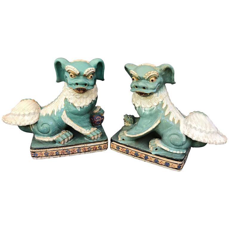 1970s Large Terracotta Turquoise and White Foo Dog Sculpture Statues ...