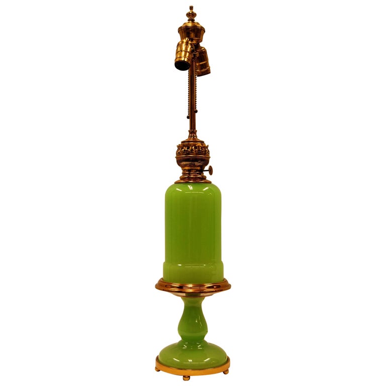 Mid-20th Century Green Opaline Glass Oil Lamp For Sale at 1stDibs