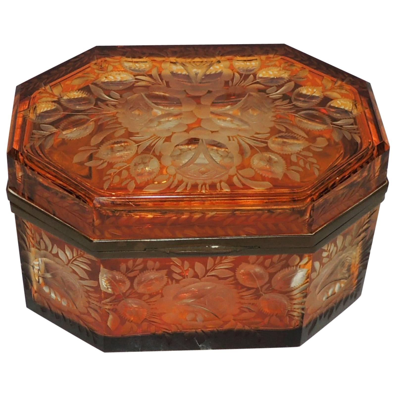 Beautiful Bohemian Bronze Amber Cut Crystal Etched Crystal Floral Box ...