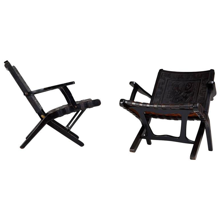 Peruvian Black Tooled Leather Folding Chairs, Pair, circa 1950 at ...