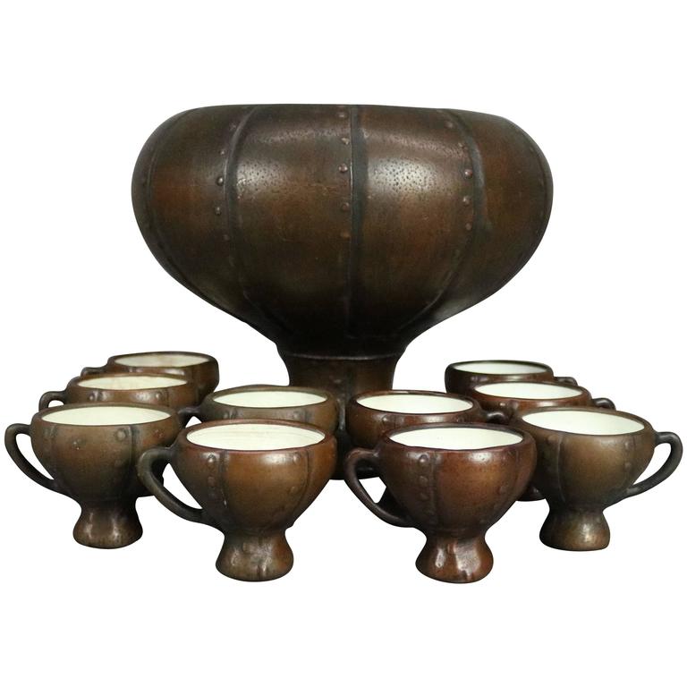 Clewell Copper Clad Art Pottery Punch Bowl and 10 Cups, Canton, OH ...