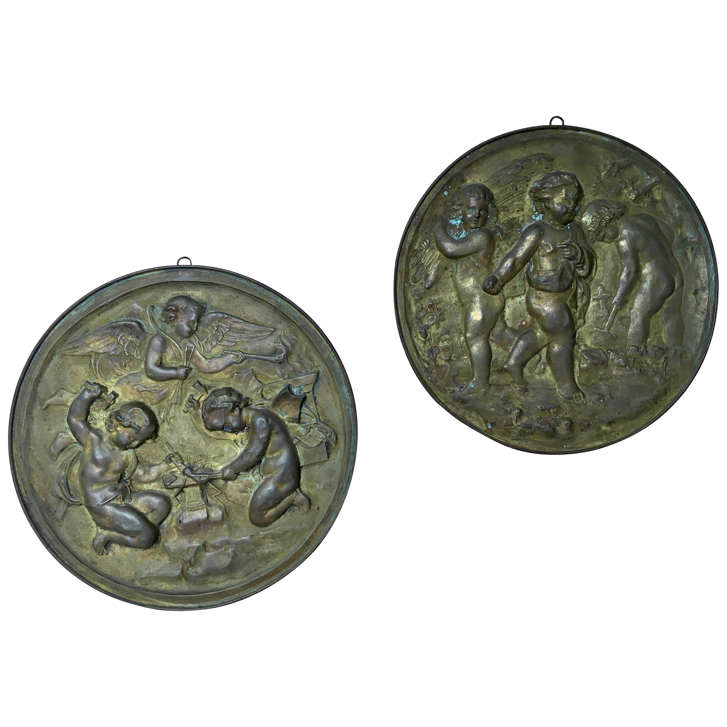 Pair of 19th Century Angels at Work Brass Repousse Decorative Rounds ...
