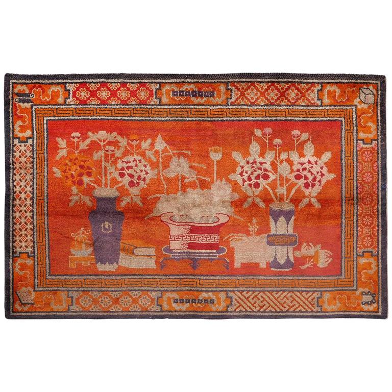 Vintage Red Chinese Rug with Pictorial Design Shabby Chic, 1930s at 1stDibs