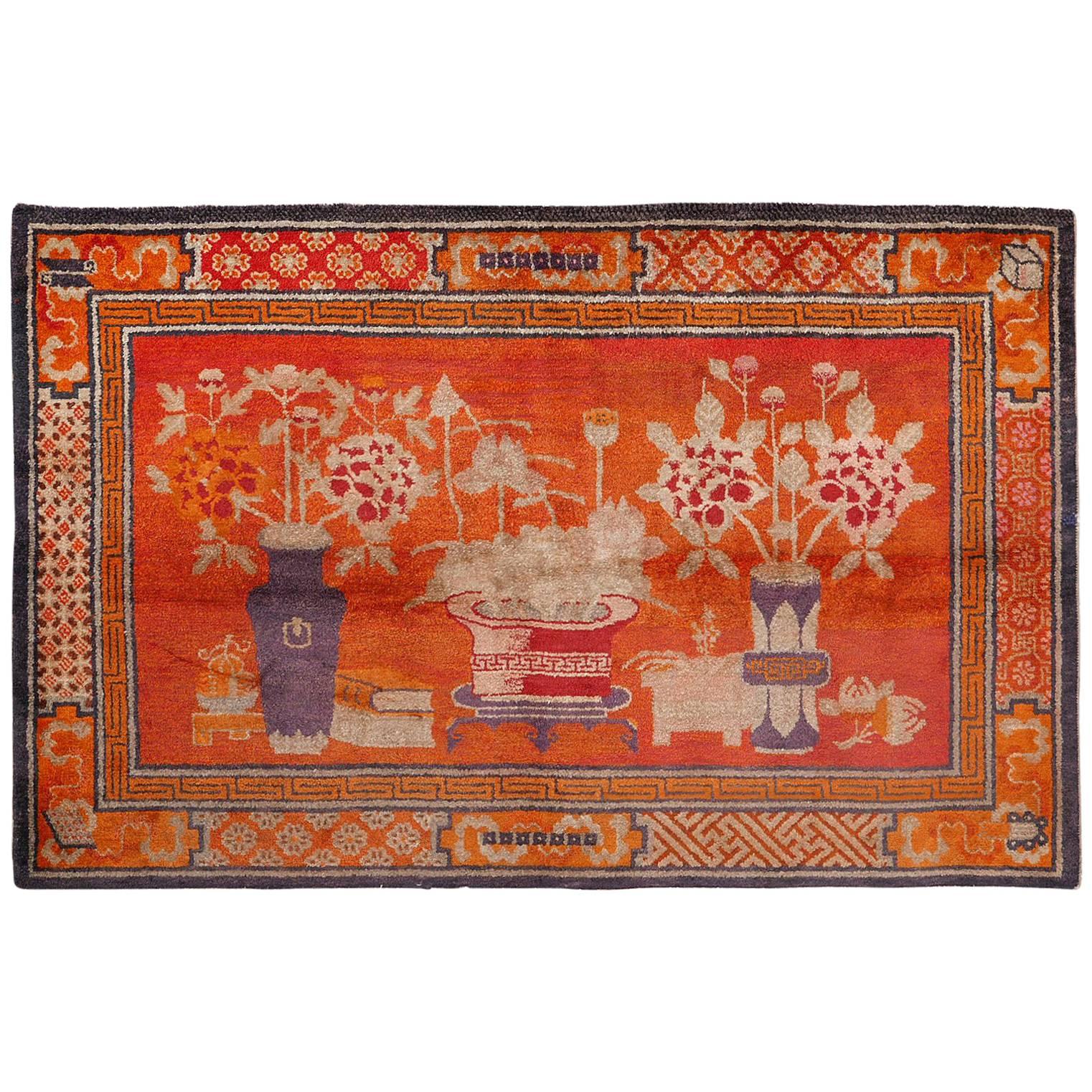 Vintage Red Chinese Rug with Pictorial Design Shabby Chic, 1930s at 1stDibs