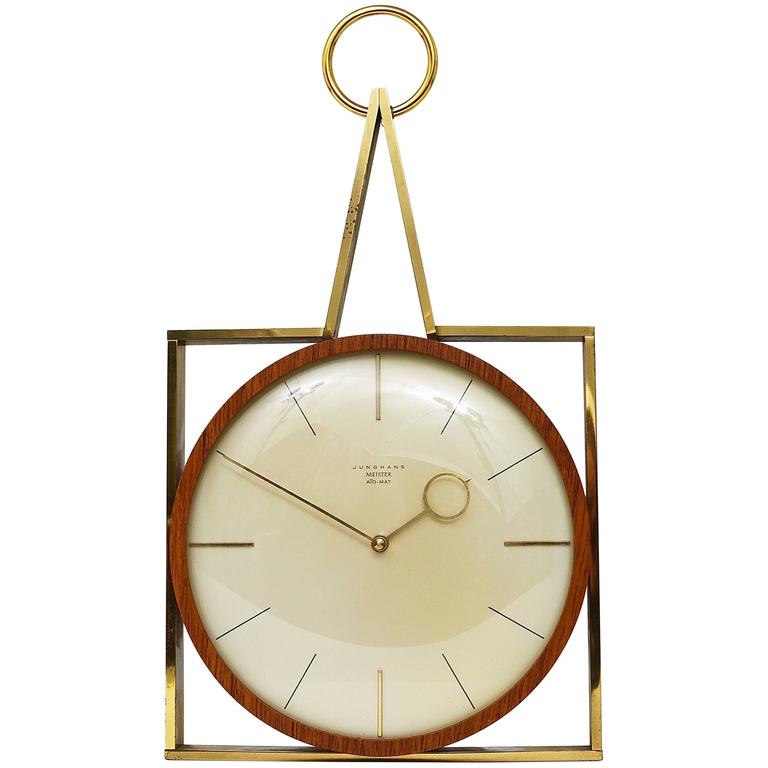 Elegant Mid-Century Junghans Meister Ato-Mat Teak and Brass Wall Clock ...
