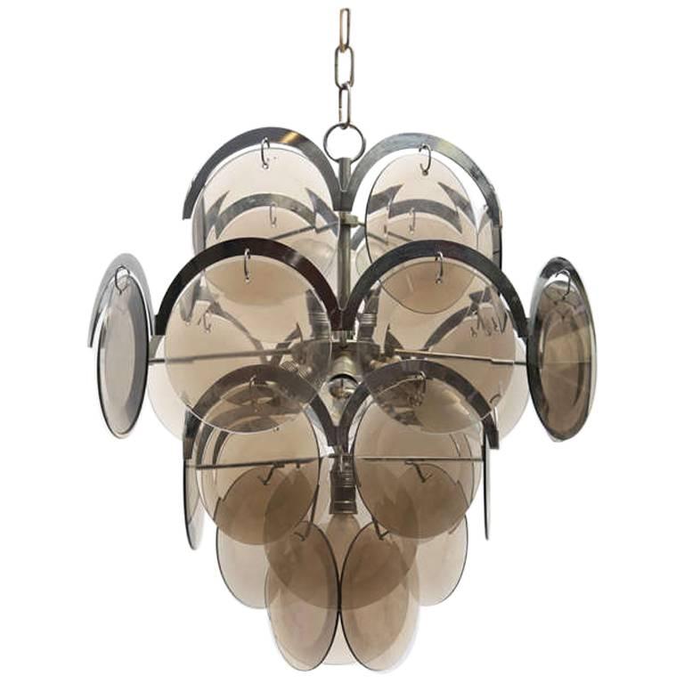 Vistosi Four-Tier Chrome and Smoke Glass Disc Chandelier, Italy, 1970s ...