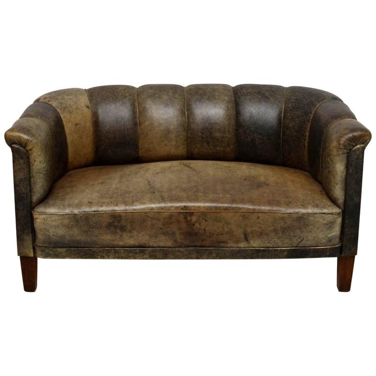 Antique Swedish Leather Fluted Back Sofa at 1stDibs