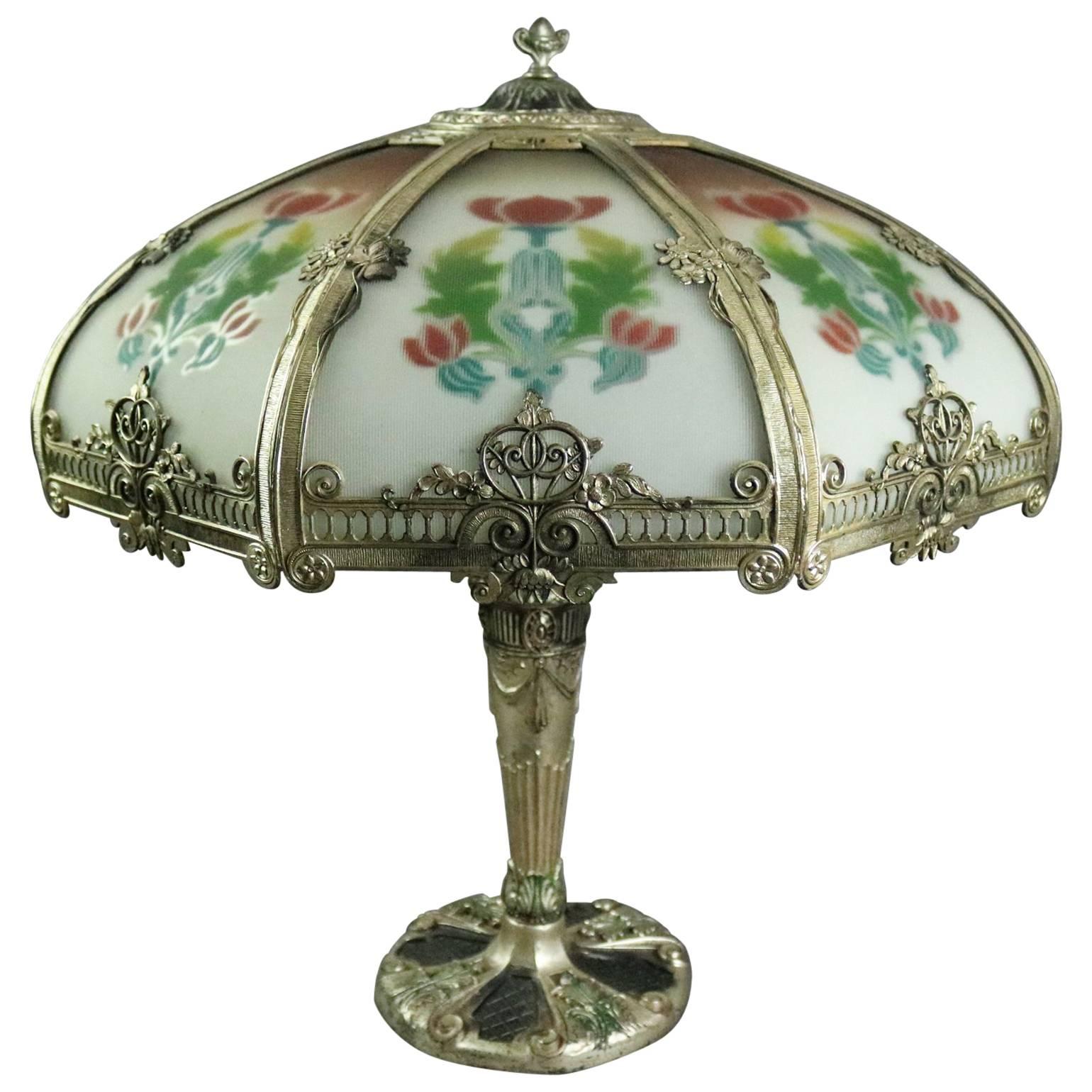 Antique Reverse Panel Lamp with Filigree Shade and Polychrome Base ...