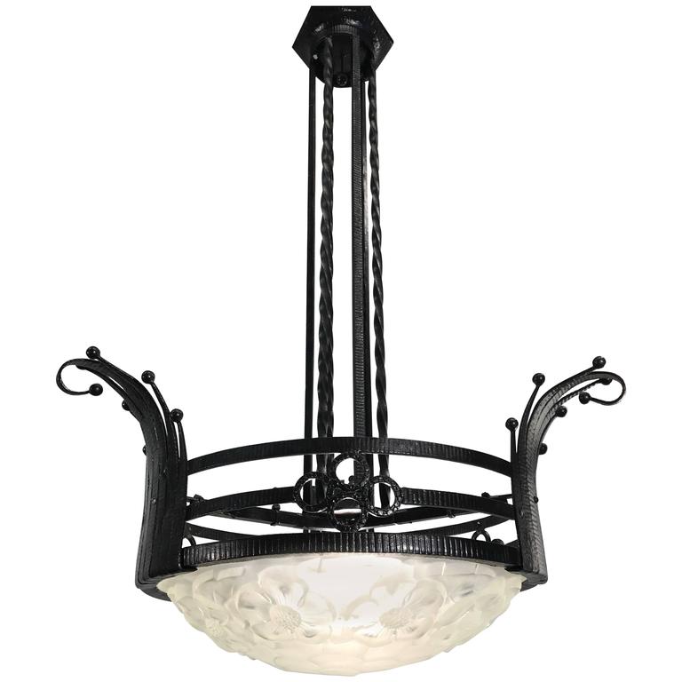 Stunning French Art Deco Wrought Iron Pendant With Molded Glass Shade Marked Ros For Sale At 1stdibs