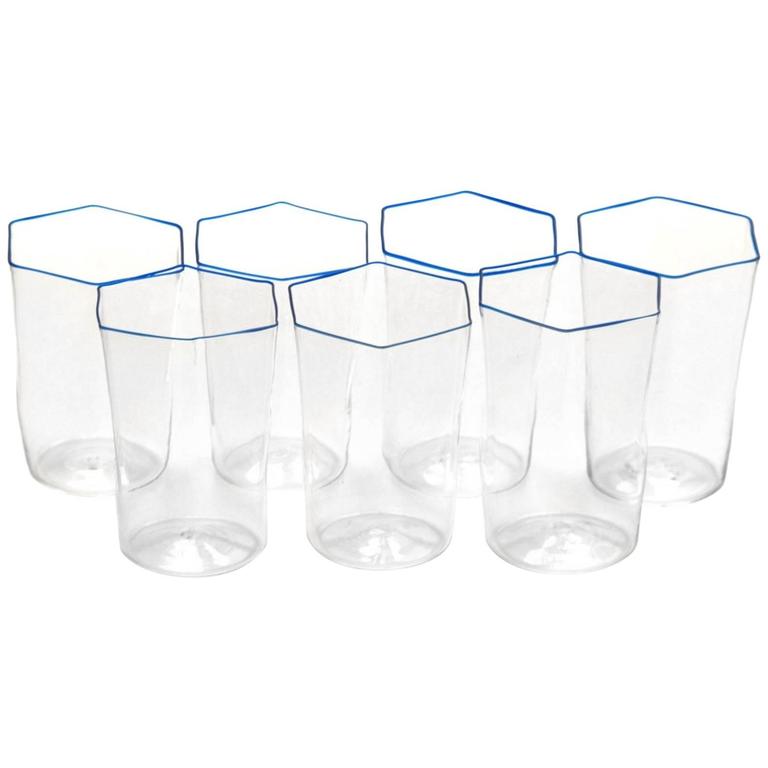 Set of Six Glasses, Hexagonal Cobalt Rim, Carlo Scarpa 1932 Design ...