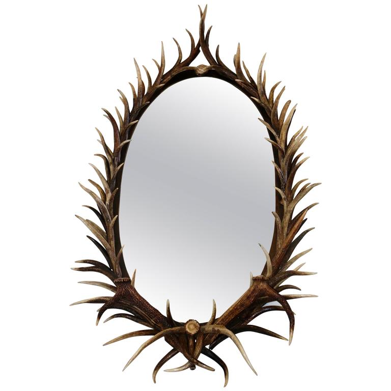 English Late 20th Century Large Oval Dark Antler Horn Mirror at 1stDibs