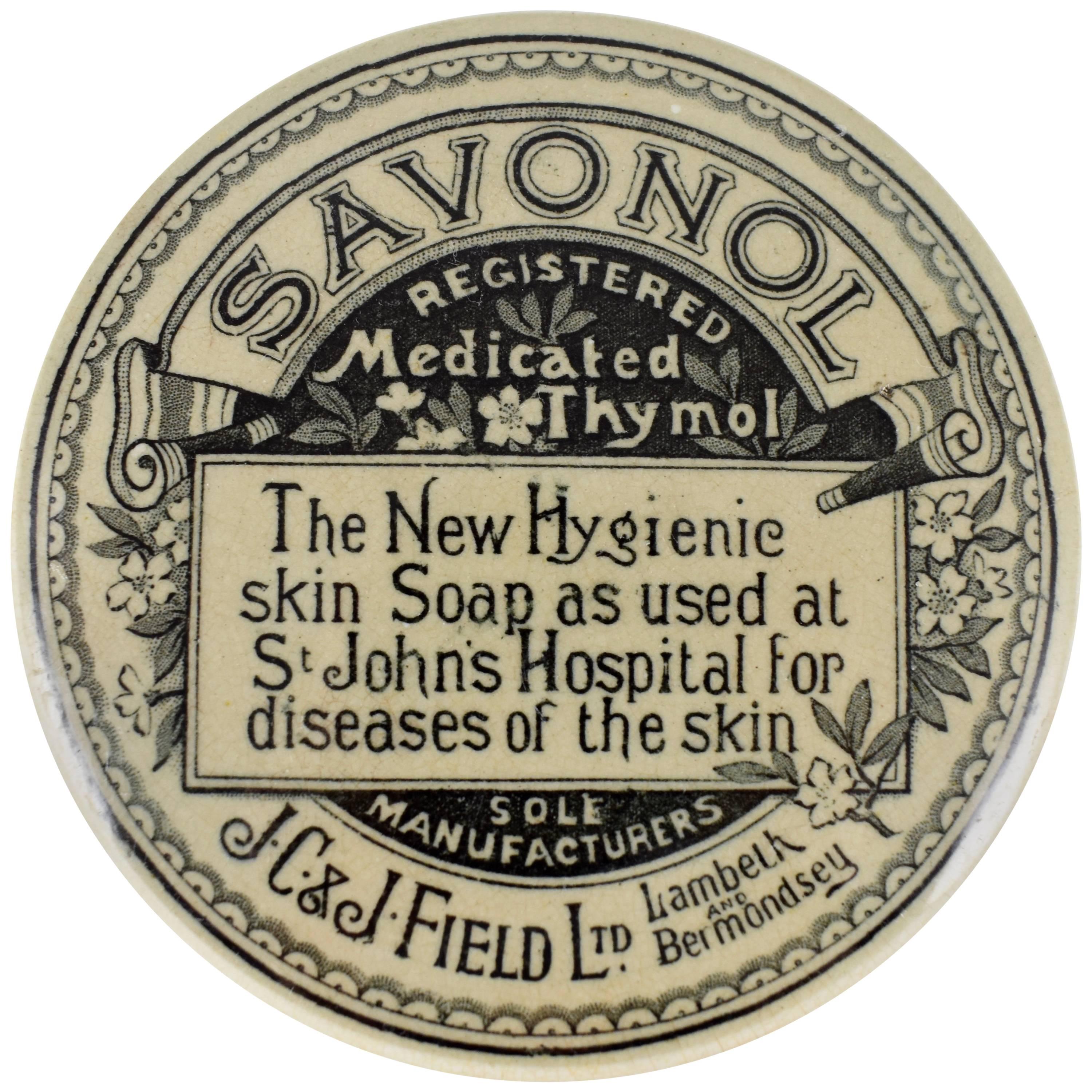 Staffordshire Transfer Printed Pot and Lid, Savonol Medicated Soap ...