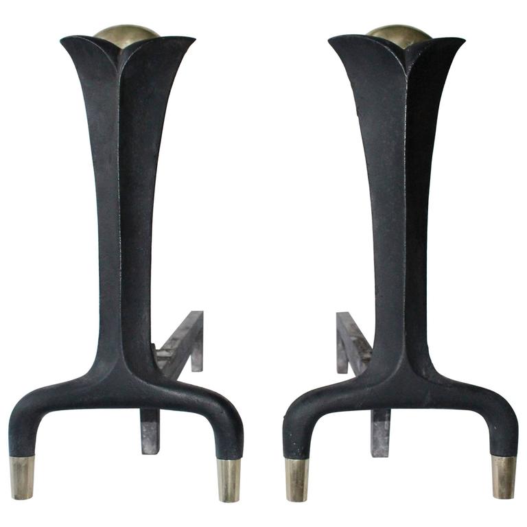 Pair of Andirons, style of Donald Deskey for Bennet in Wrought Iron ...