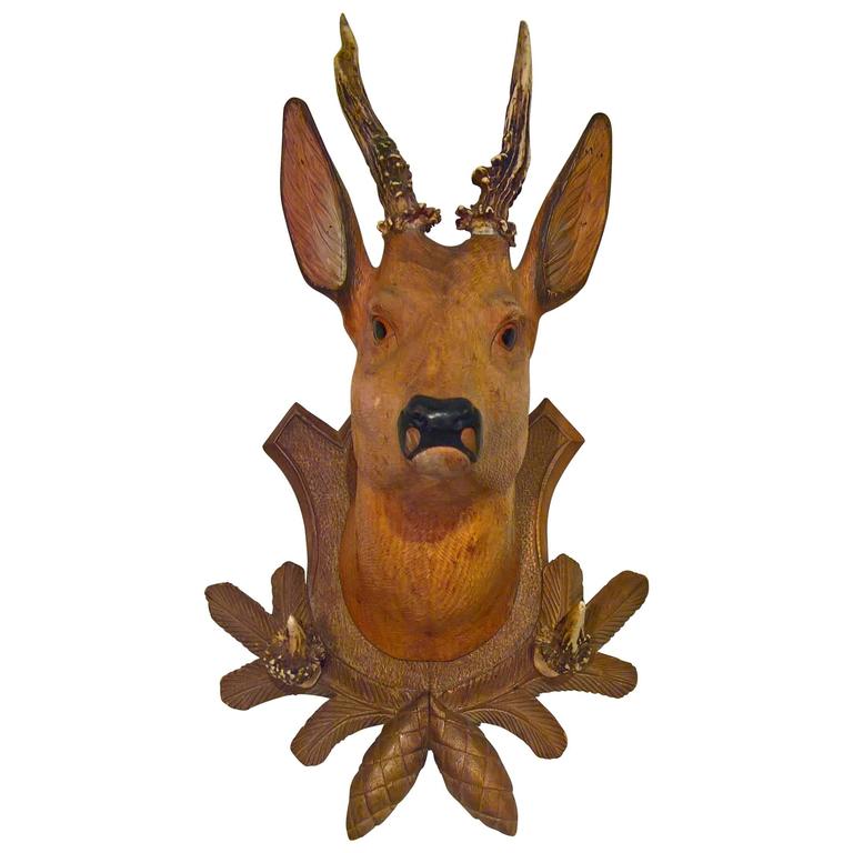 19th Century Black Forest Small Deer Head Throphy With Carved Wood ...