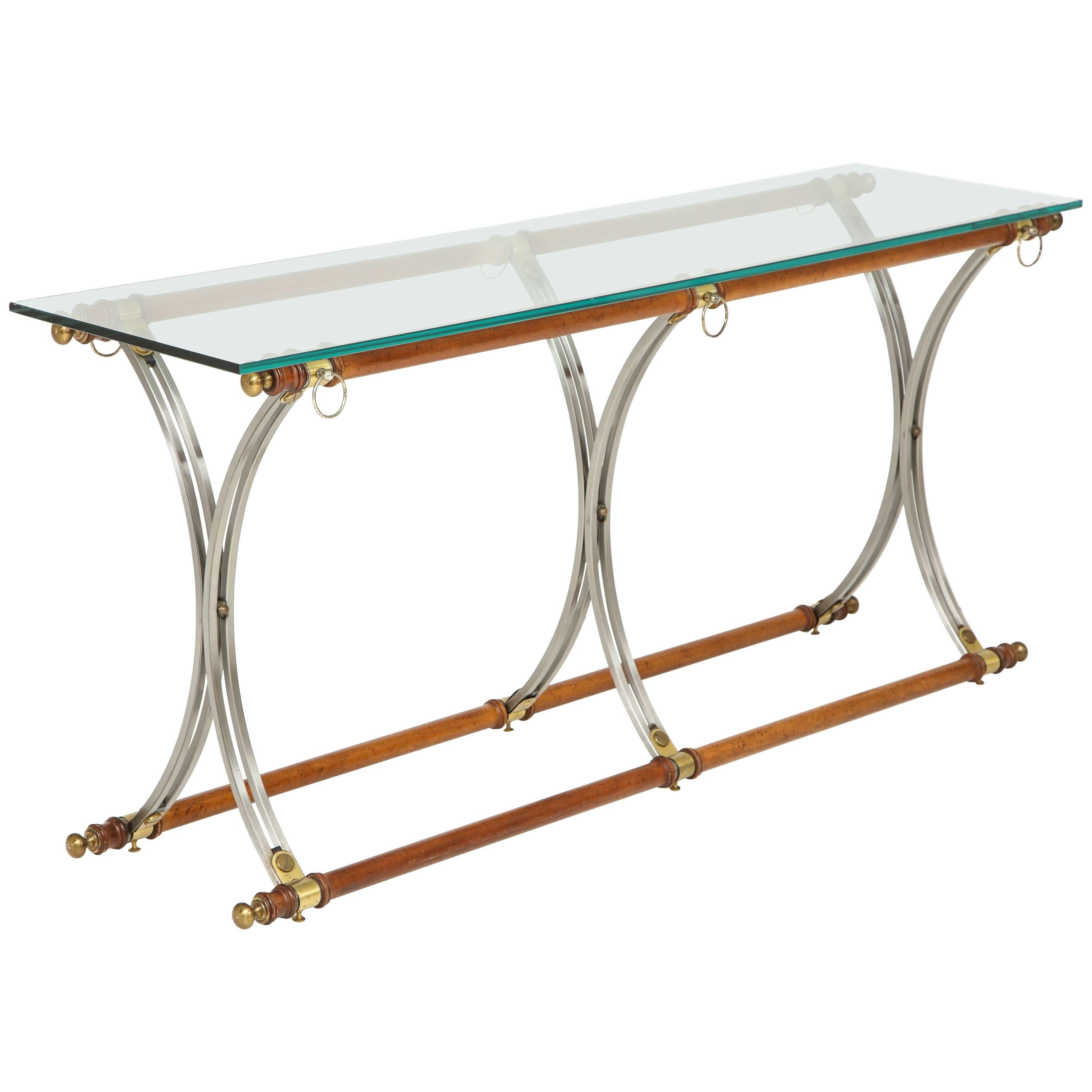 Turned Wood Console Table with Brushed Steel Legs and Glass Top at 1stDibs