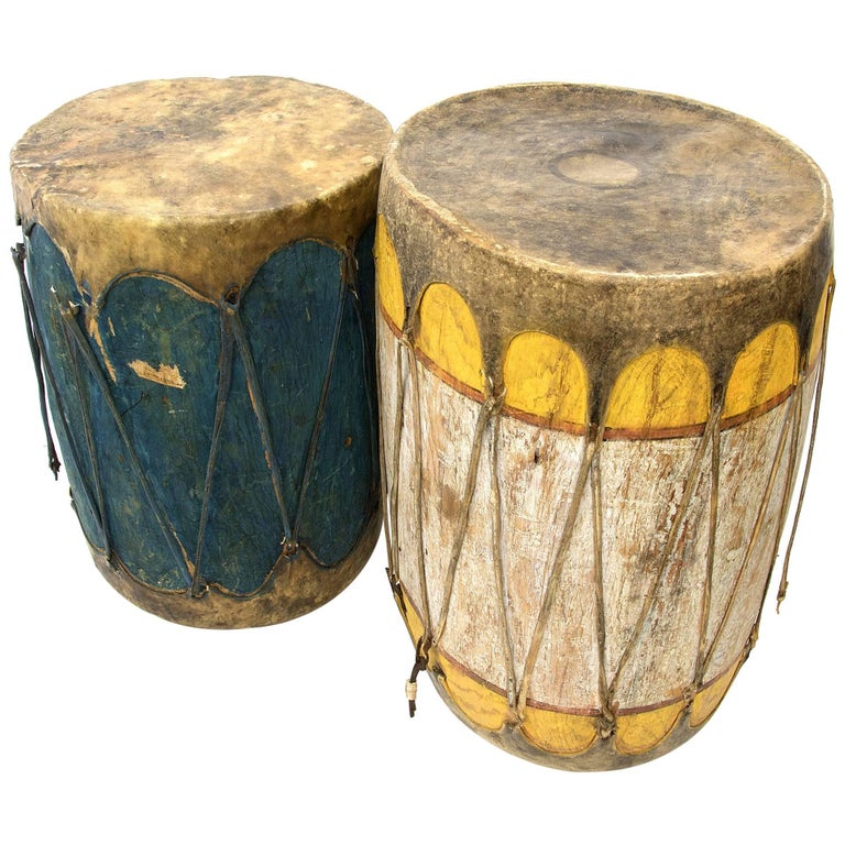 Pair of Large Antique Southwestern Native American Drums, Pueblo, circa ...