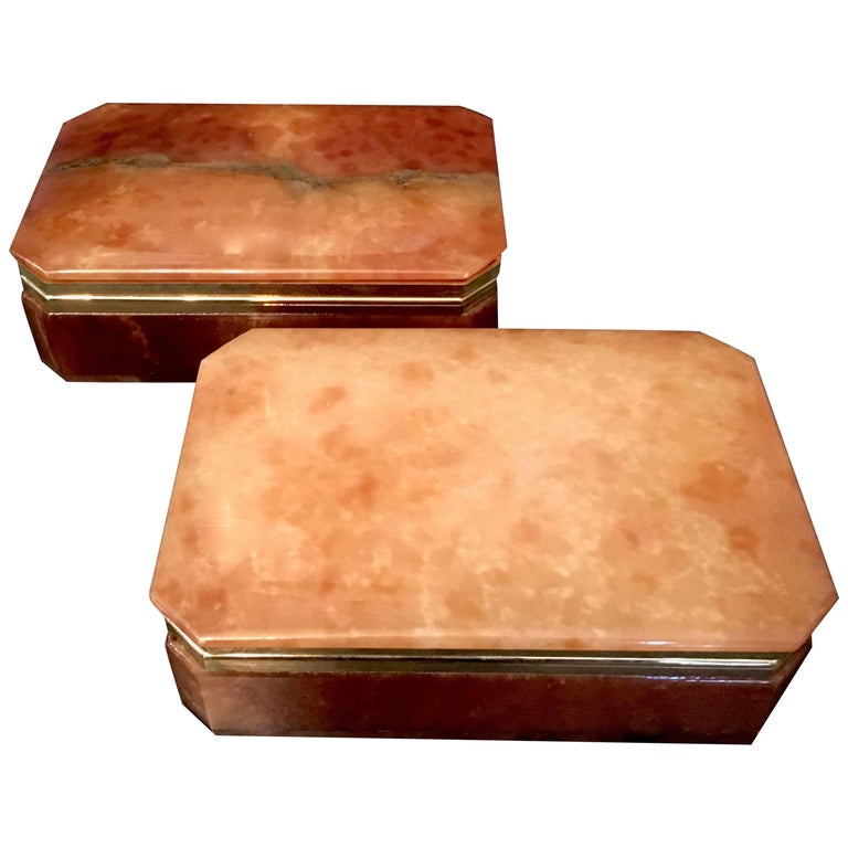 Pair of Italian Alabaster Boxes with Brass Trim at 1stDibs