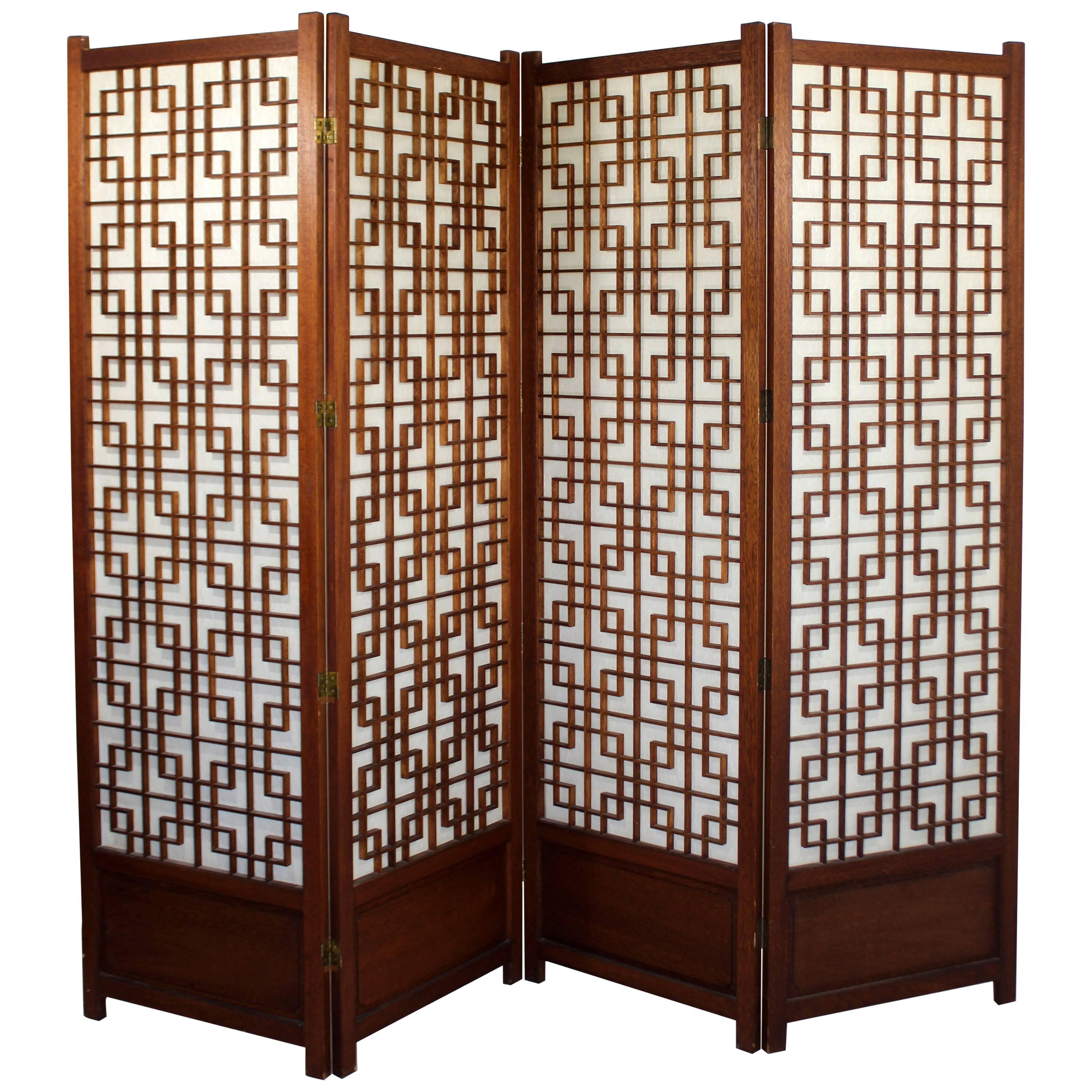 Mid-Century Modern Mahogany Geometric Folding Four-Panel Standing ...