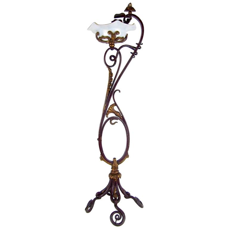 Art Nouveau Metal Smoking Stand with Gold Aurene Glass Insert Bowl at ...