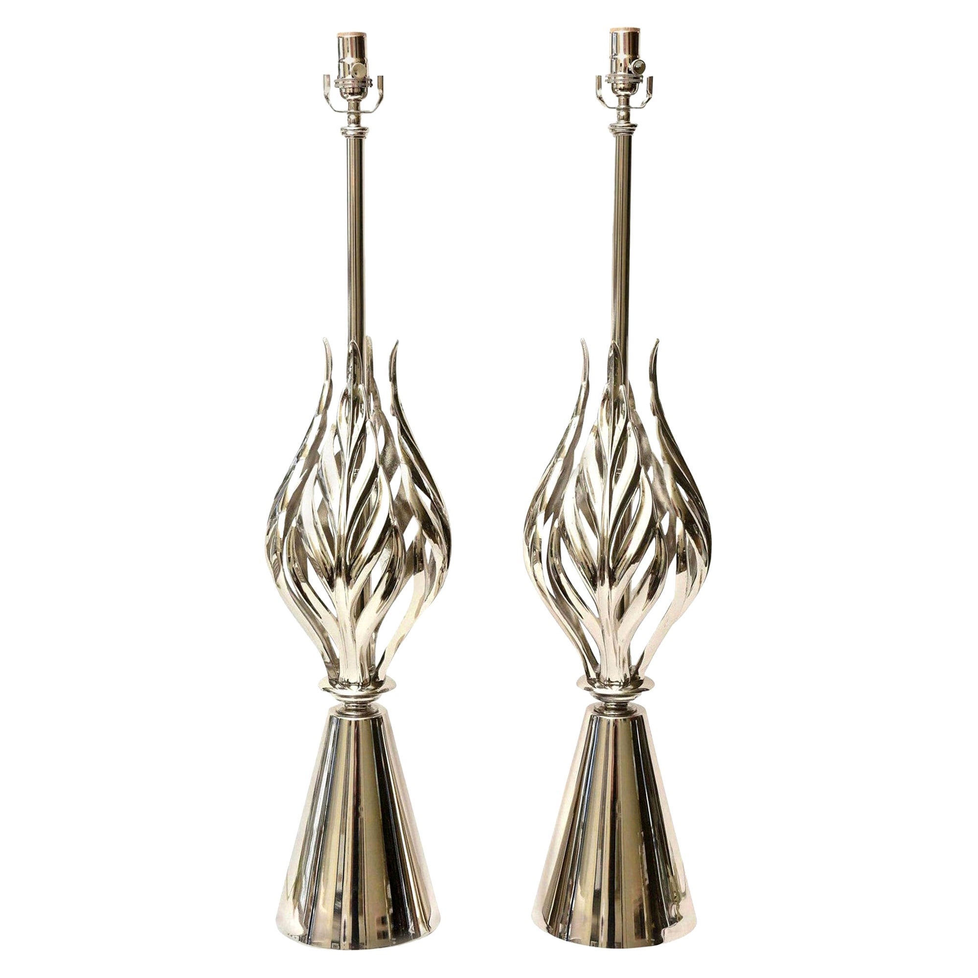 Laurel Mid-Century Modern Ceramic and Nickel Silver Lamps, Pair at 1stDibs