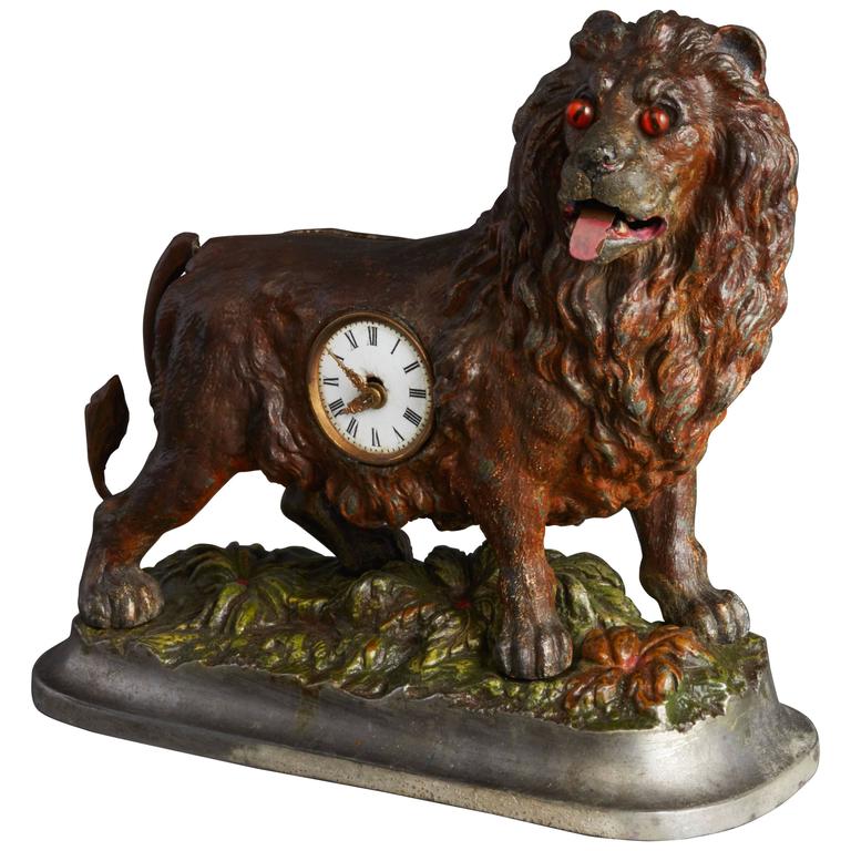 Small Animated Lion Desk Clock, circa 1880 For Sale at 1stDibs