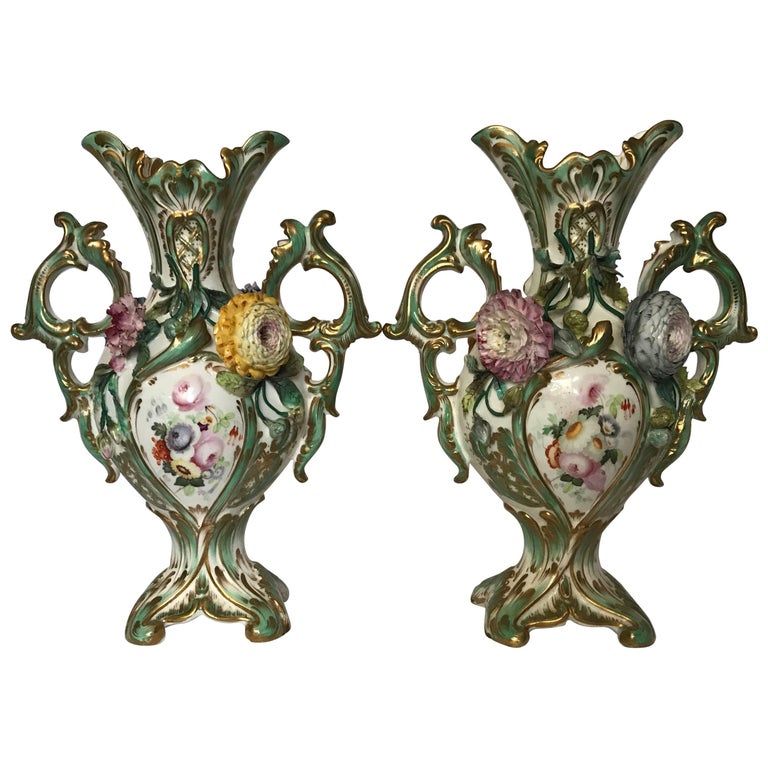 Pair Green and Gilt Painted Rockingham Vases For Sale at 1stDibs