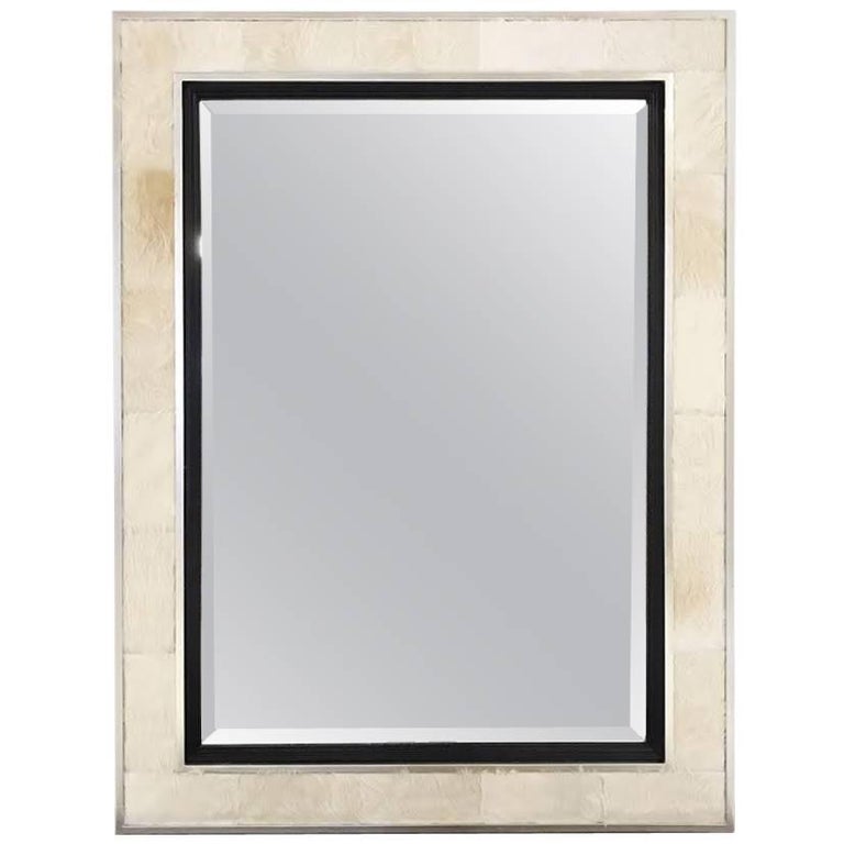 Bevelled Mirror in Ivory Cowhide Patchwork and Silver Finish Frame at ...