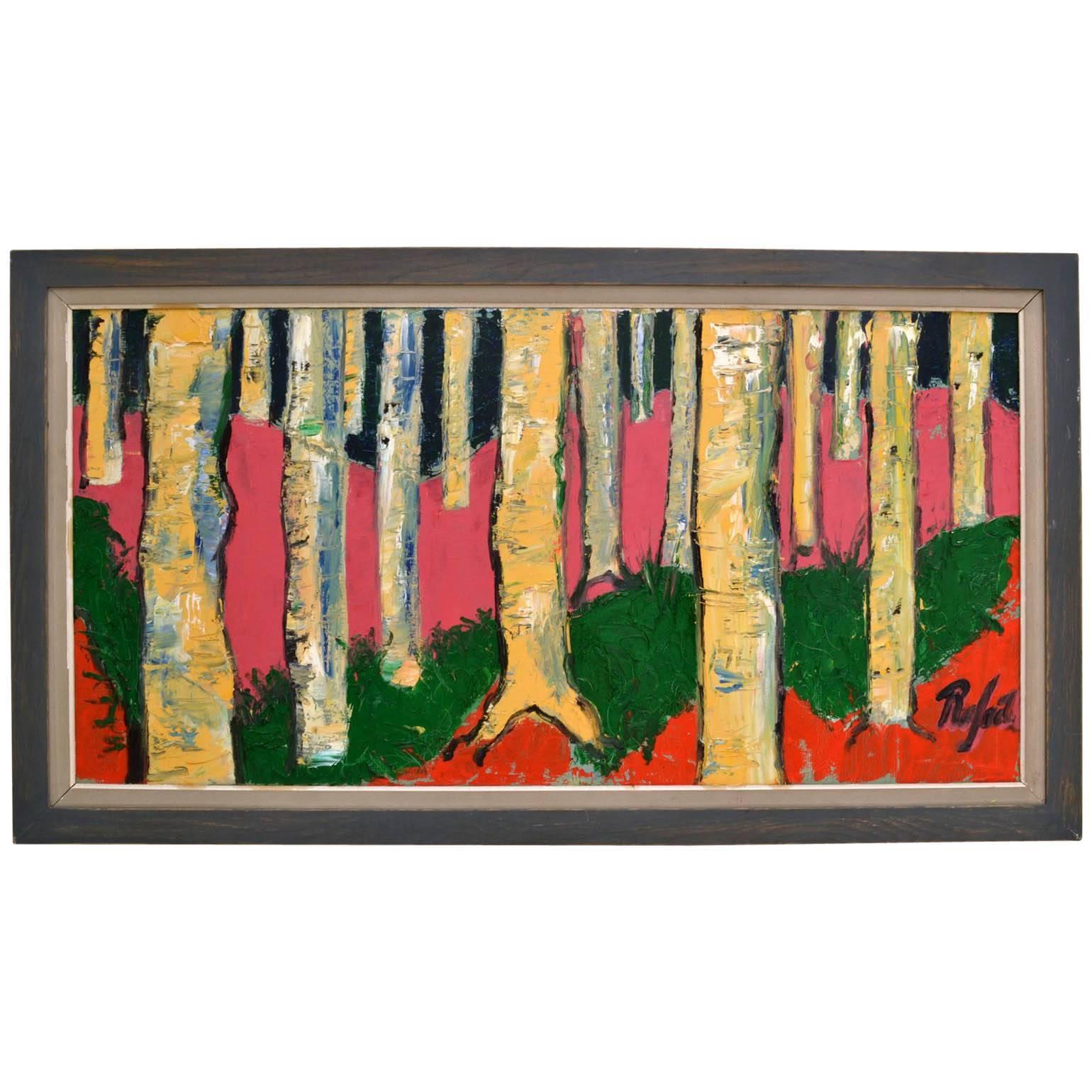 Large Expressionist Colorful Birch Tree Landscape Painting by Rafael ...