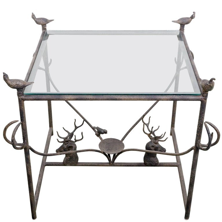 Decorative Metal Side Table with Quail and Stag Head Motifs at 1stDibs
