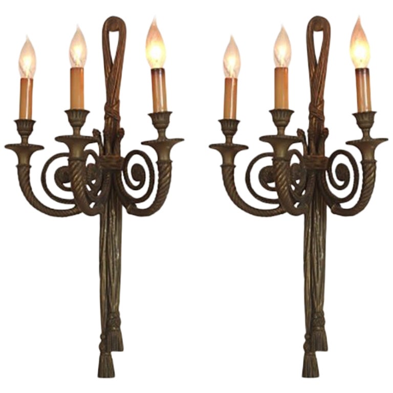 Pair of Maitland Smith Midcentury Carved Wood and Bronze Wall Sconces ...