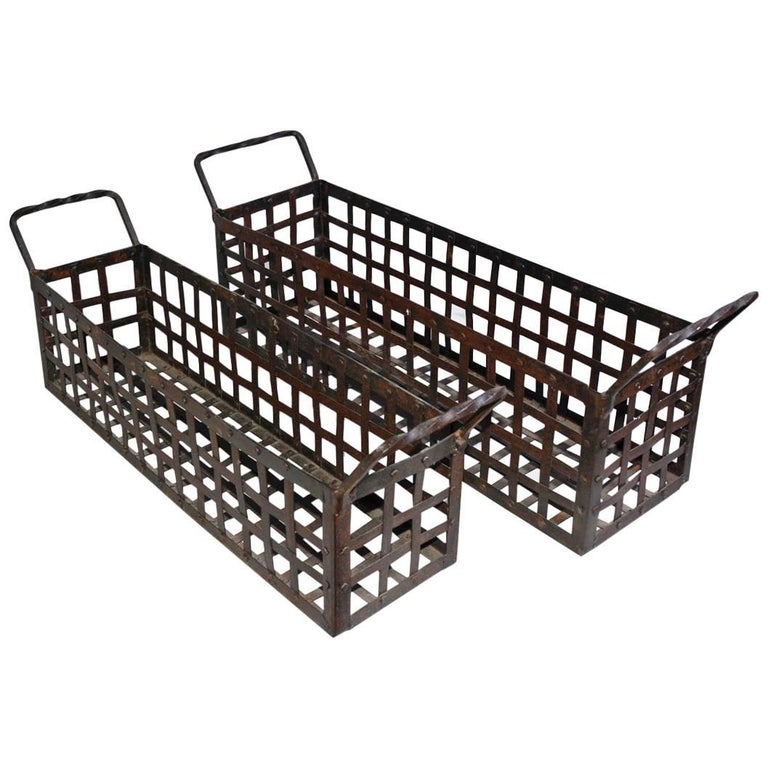 Pair of Vintage Wrought-Iron Open-Weave Basket Planters For Sale at 1stdibs