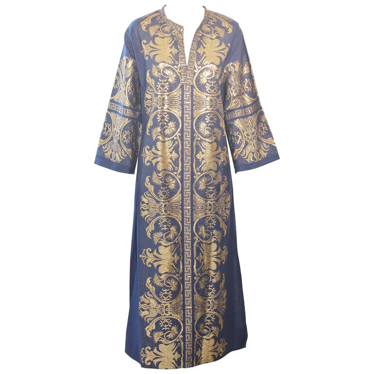 1970s Blue and Gold Brocade Caftan Maxi Dress Kaftan Long Sleeves Size ...