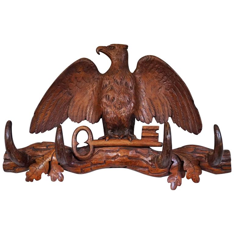 Antique Hand-Carved Small Black Forest Coat or Key Rack with Eagle ...