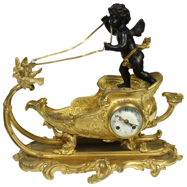 French Figural Sleigh Clock Driven by Putto at 1stDibs