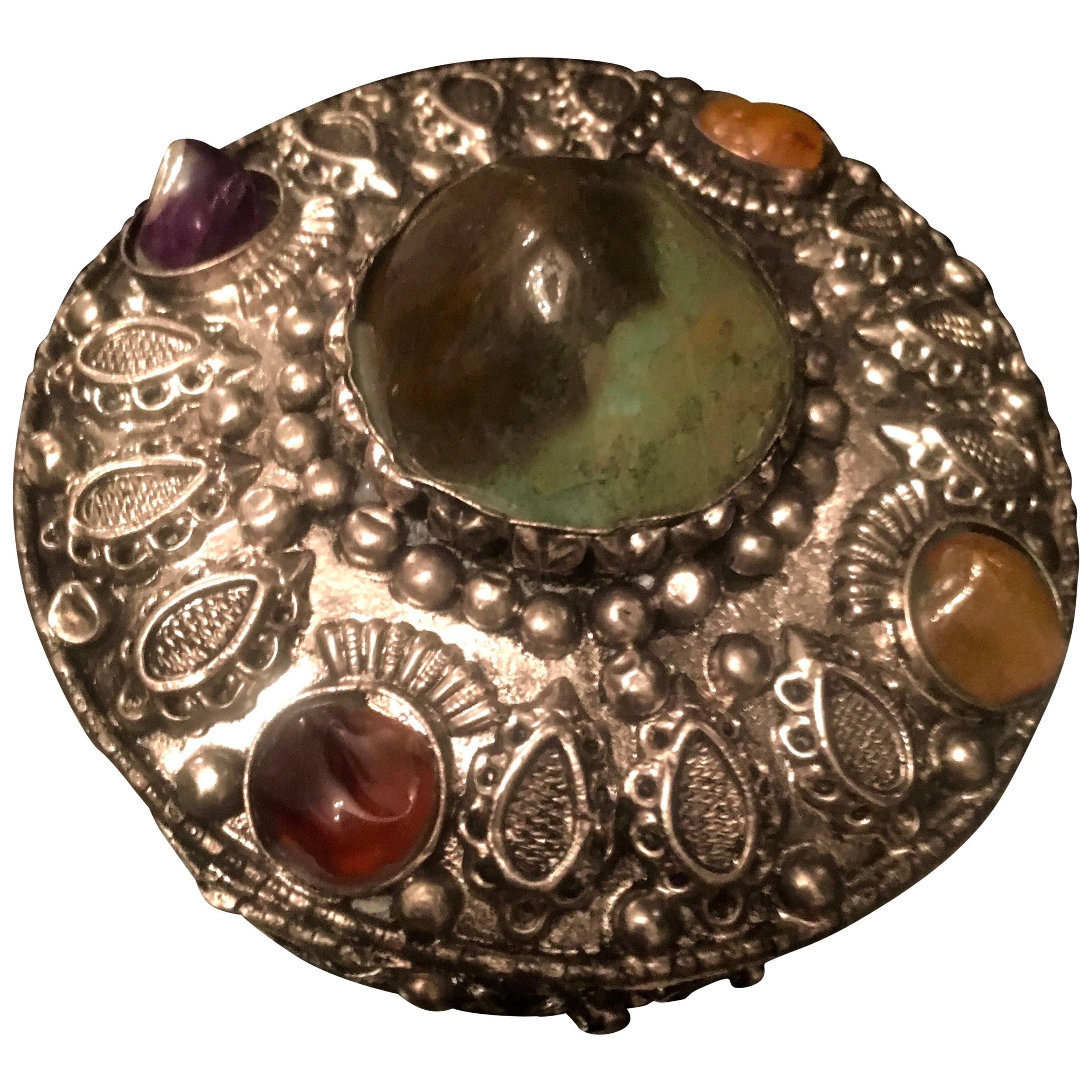 Round Silver Afghani Box with Semi-Precious Stones For Sale at 1stDibs
