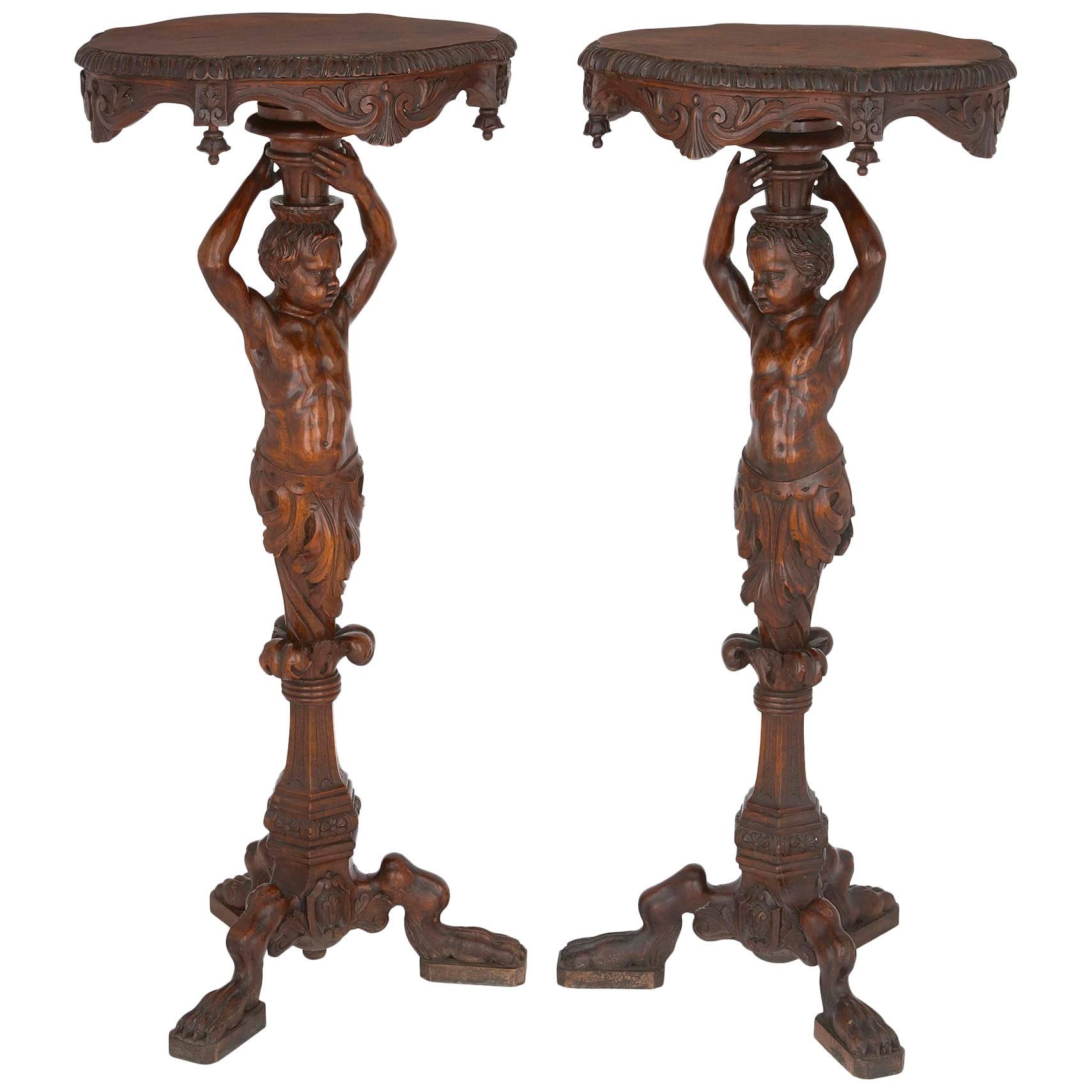 Antique Pair of Finely Hand-Carved Walnut Baroque Style Side Tables at ...